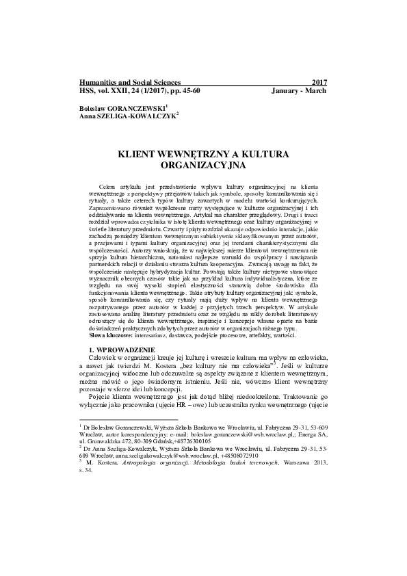 (PDF) Klient Wewnętrzny a Kultura Organizacyjna