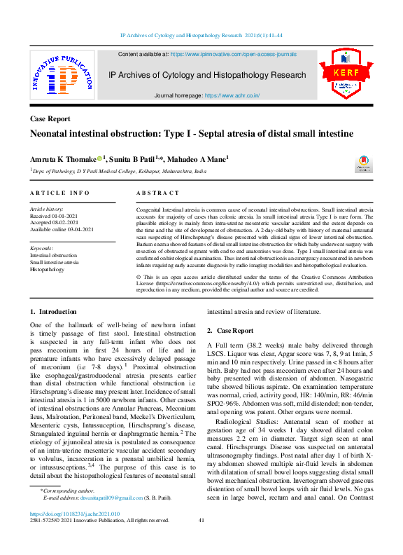 (PDF) Neonatal intestinal obstruction: Type I - Septal atresia of ...