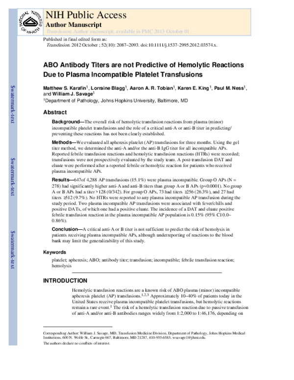 (PDF) ABO Antibody Titers are not Predictive of Hemolytic Reactions Due ...