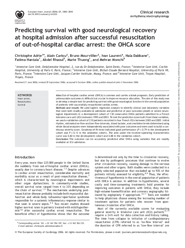 (PDF) Predicting survival with good neurological recovery at hospital ...