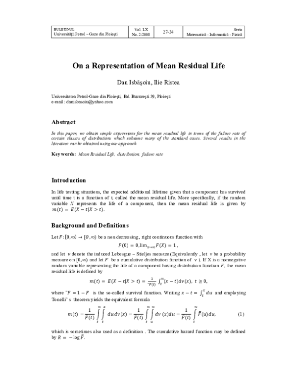 (PDF) On a Representation of Mean Residual Life