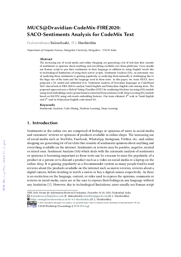 (PDF) MUCS@Dravidian-CodeMix-FIRE2020: SACO-SentimentsAnalysis for CodeMix Text