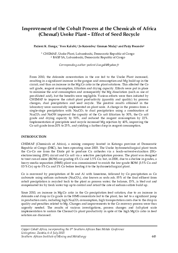 (PDF) Improvement of the Cobalt Process at the Chemicals of Africa ...