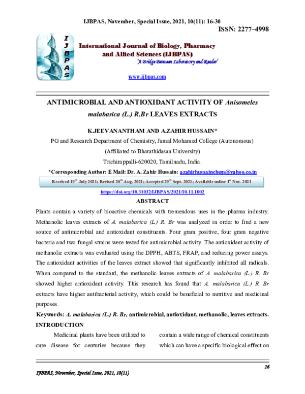 (PDF) ANTIMICROBIAL AND ANTIOXIDANT ACTIVITY OF Anisomeles malabarica ...