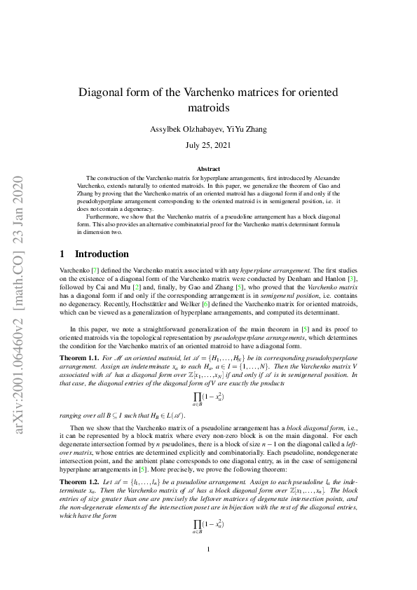 (PDF) Diagonal form of the Varchenko matrices for oriented matroids