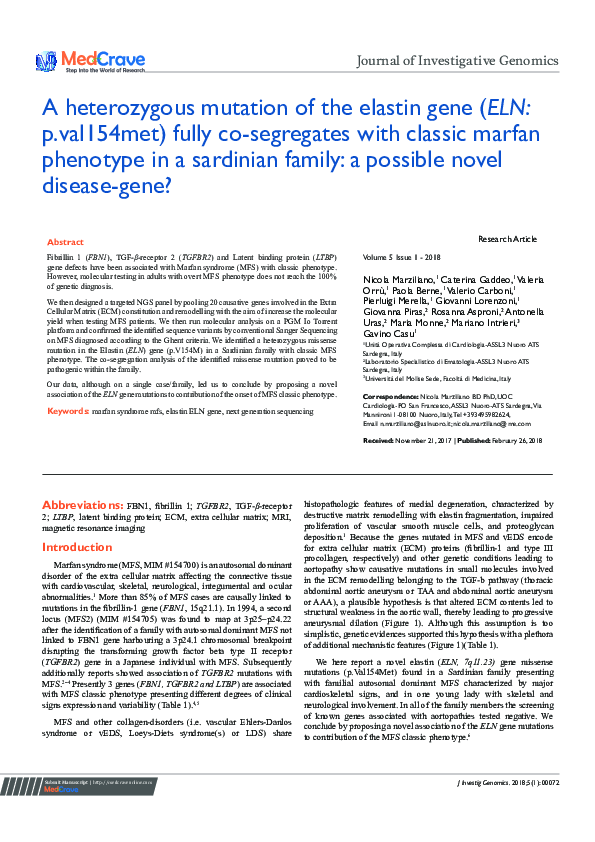 (PDF) A heterozygous mutation of the elastin gene ( ELN: p.val154met ...