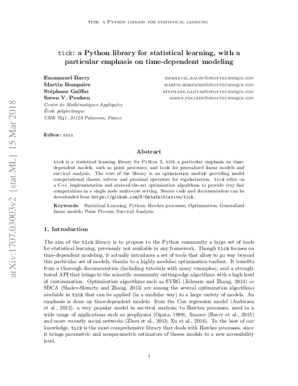 (PDF) Tick: a Python library for statistical learning, with a ...