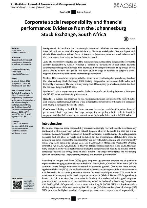(PDF) Corporate Social Responsibility and Financial Performance : Quantitative Analysis of the ...