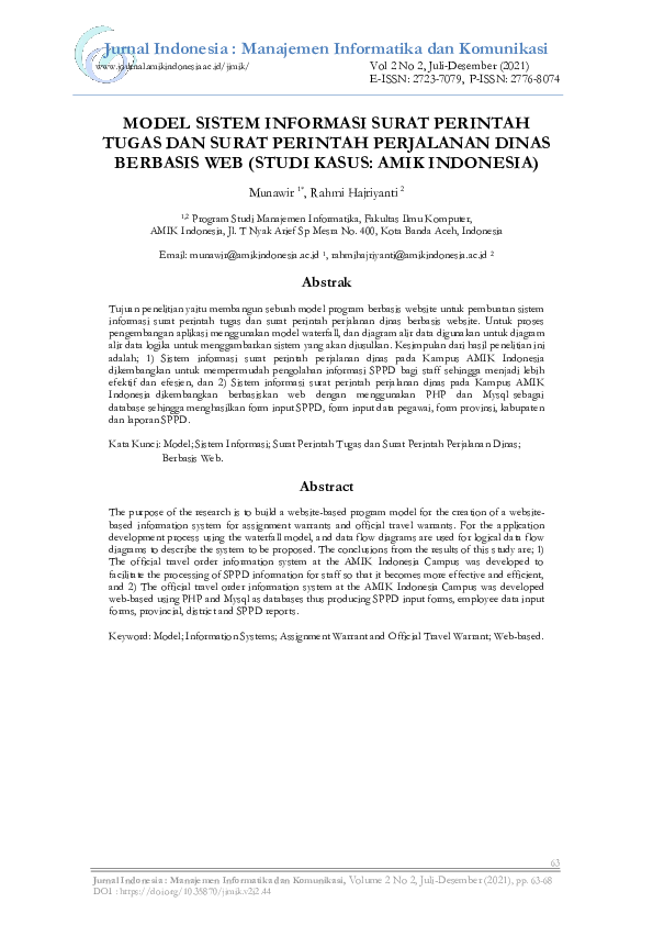(PDF) Jurnal Indonesia : Manajemen Informatika dan Komunikasi