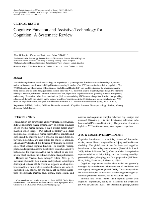 (PDF) Cognitive function and assistive technology for cognition: A systematic review