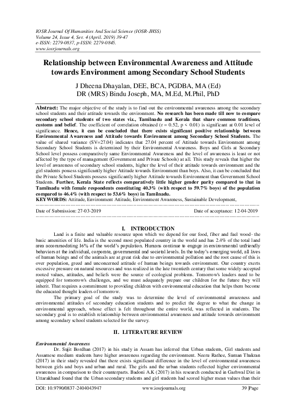 (PDF) Relationship Between Environmental Awareness and Attitude Towards Environment Among ...