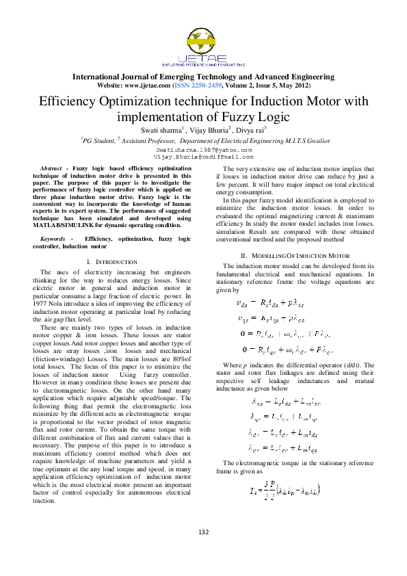Pdf Efficiency Optimization Technique For Induction Motor With Implementation Of Fuzzy Logic