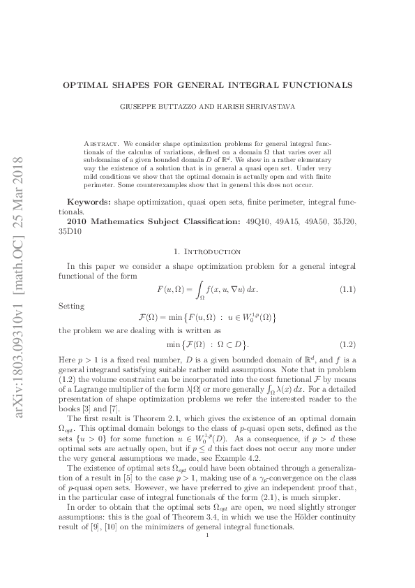 (PDF) Optimal shapes for general integral functionals
