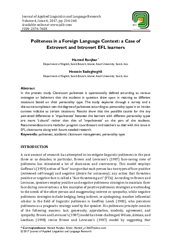 (PDF) Politeness in a Foreign Language Context: a Case of Extrovert and Introvert EFL learners