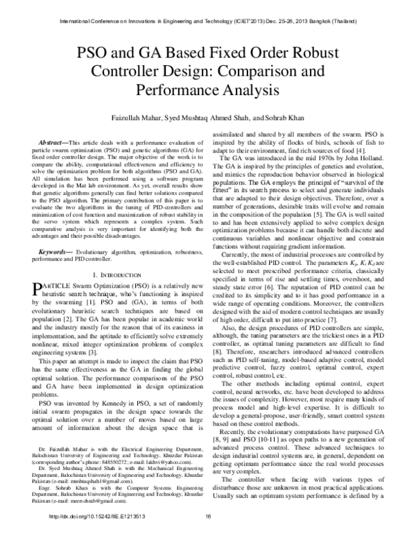(PDF) PSO and GA Based Fixed Order Robust Controller Design : Comparison and Performance Analysis
