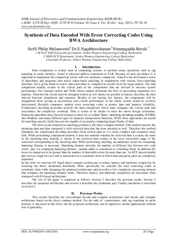 (PDF) Synthesis of Data Encoded With Error Correcting Codes Using BWA Architecture