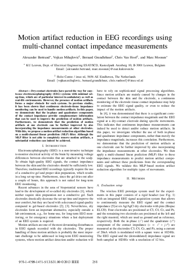 (PDF) Motion artifact reduction in EEG recordings using multi-channel contact impedance measurements