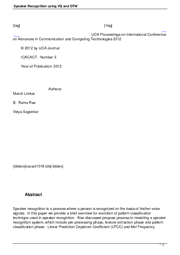 (PDF) Speaker Recognition using VQ and DTW