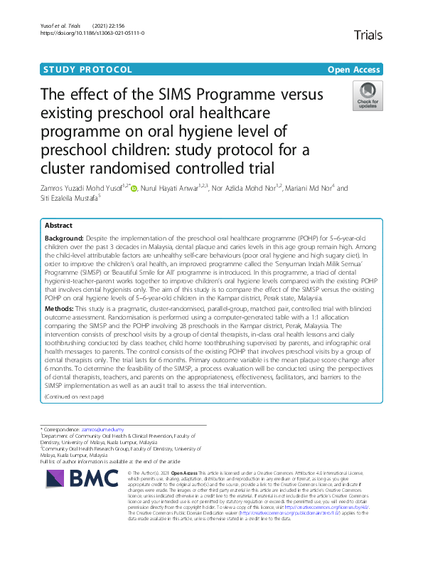 (PDF) The effect of the SIMS Programme versus existing preschool oral ...