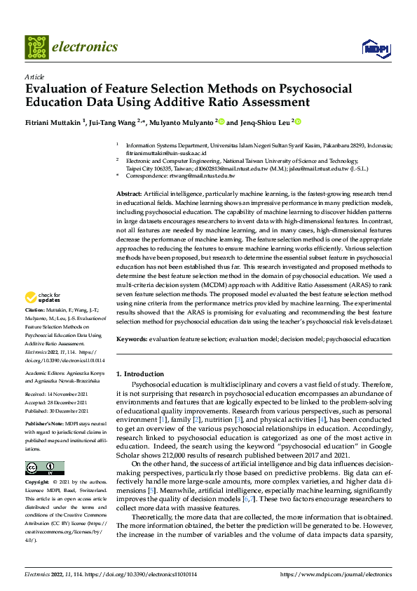 (PDF) Evaluation of Feature Selection Methods on Psychosocial Education Data Using Additive ...