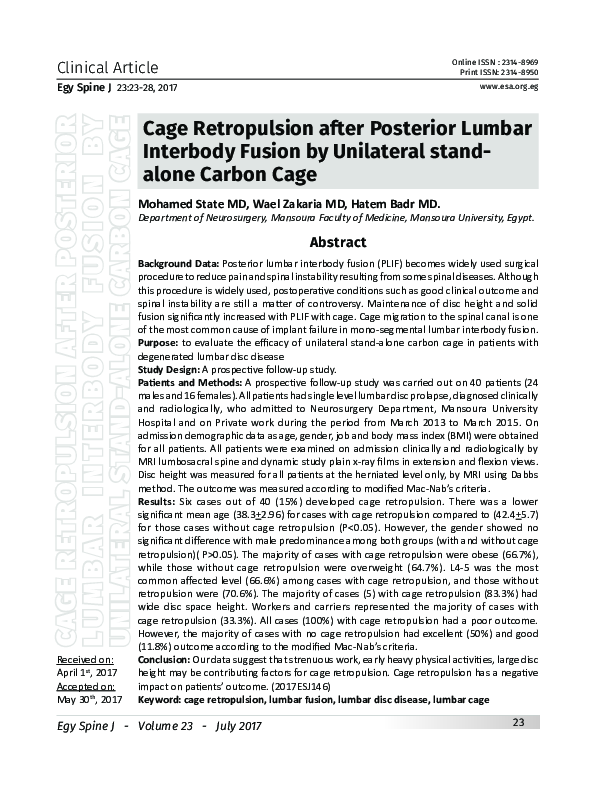 (PDF) Cage Retropulsion after Posterior Lumbar Interbody Fusion by ...