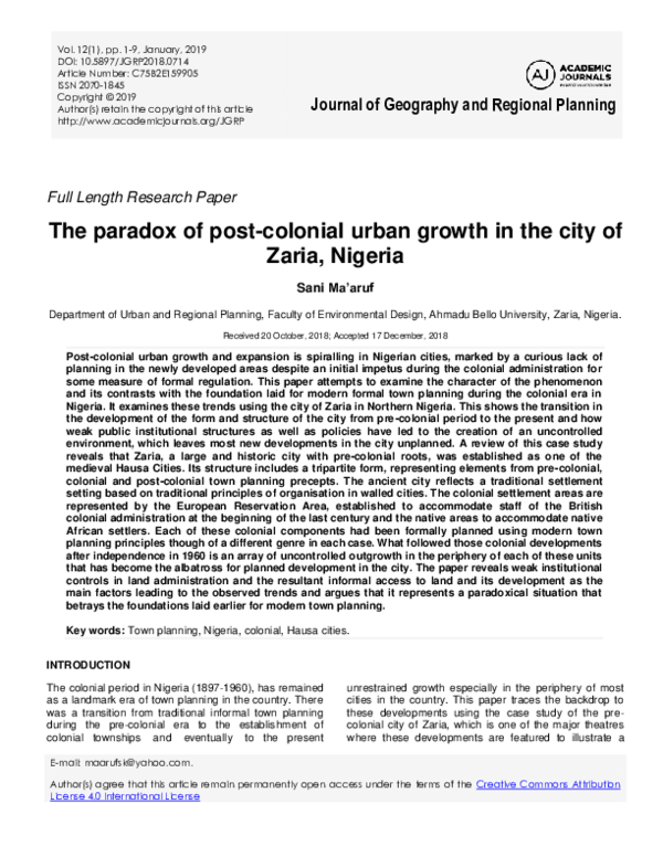 (PDF) The paradox of post-colonial urban growth in the city of Zaria ...