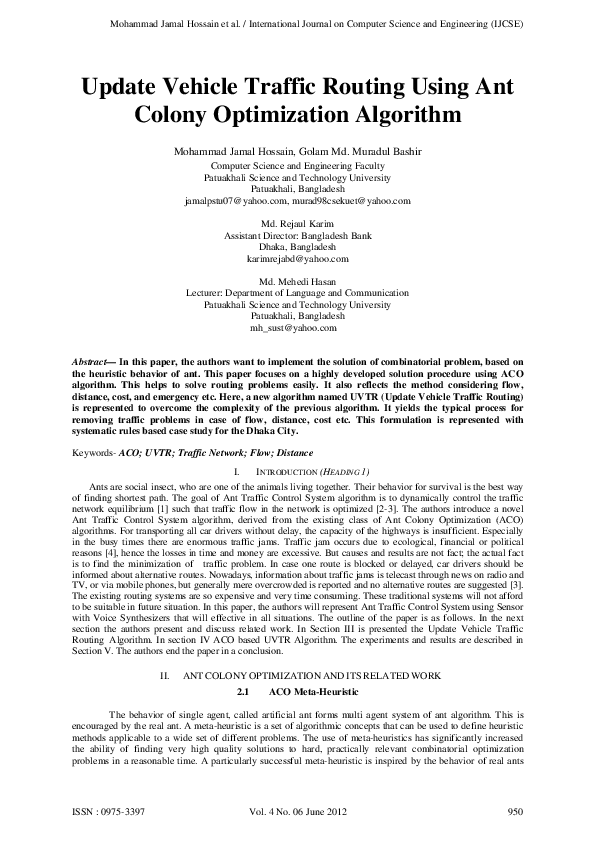 Pdf Update Vehicle Traffic Routing Using Ant Colony Optimization Algorithm