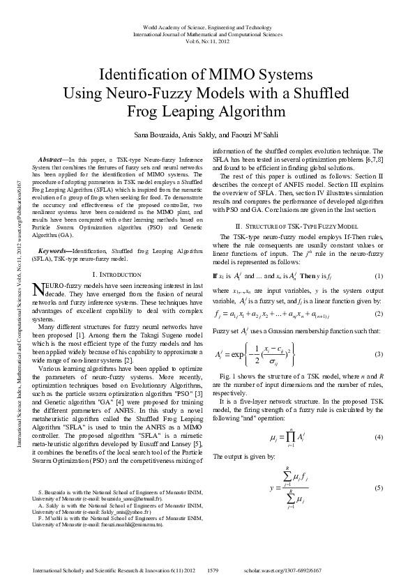 (PDF) Identification Of Mimo Systems Using Neuro-Fuzzy Models With A Shuffled Frog Leaping Algorithm