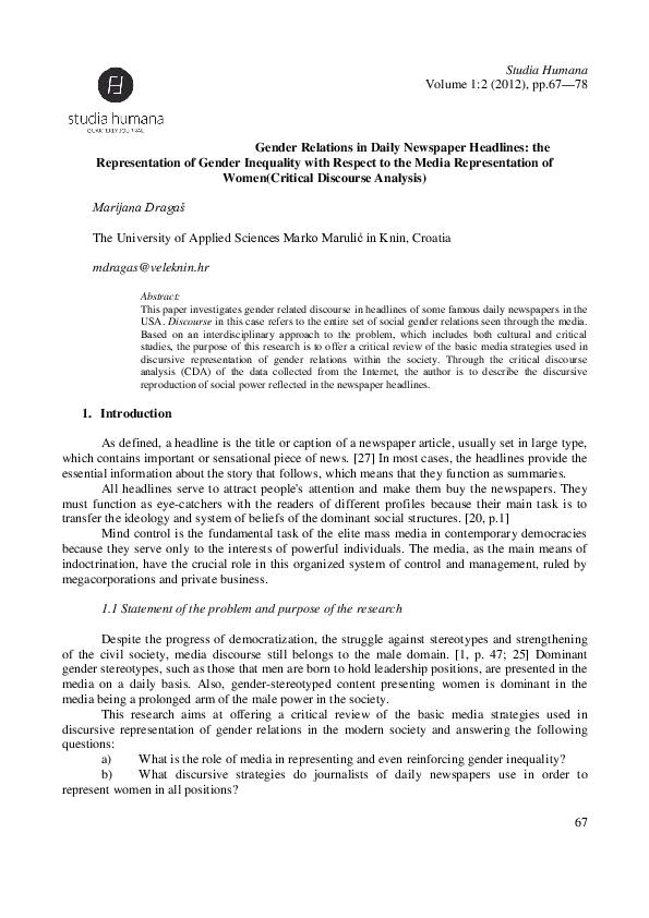 (PDF) Gender Relations in Daily Newspaper Headlines: the Representation ...