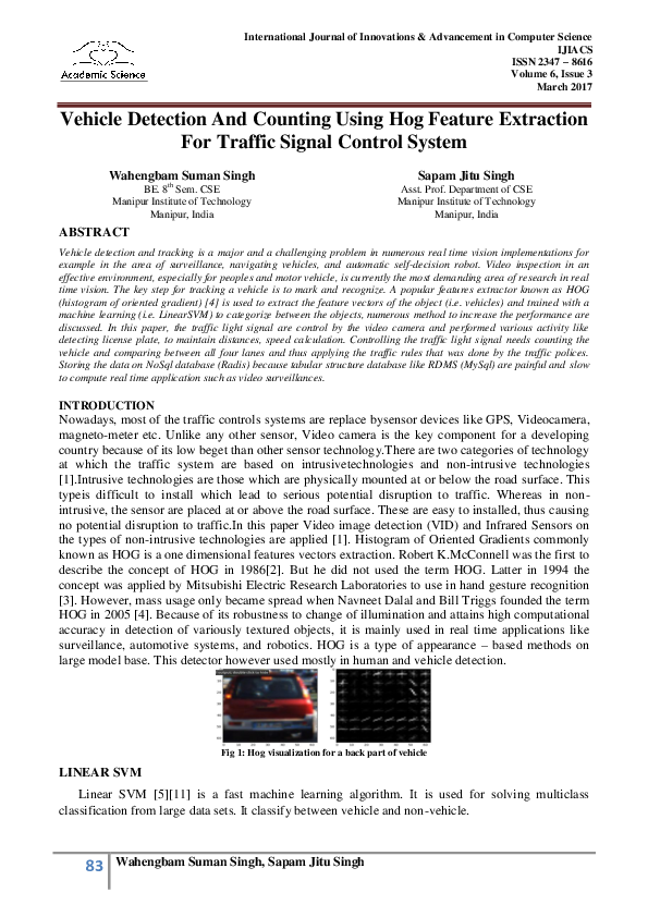 (PDF) Vehicle Detection And Counting Using Hog Feature Extraction For Traffic Signal Control System