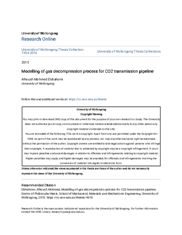 (PDF) Modelling of gas decompression process for CO2 transmission pipeline