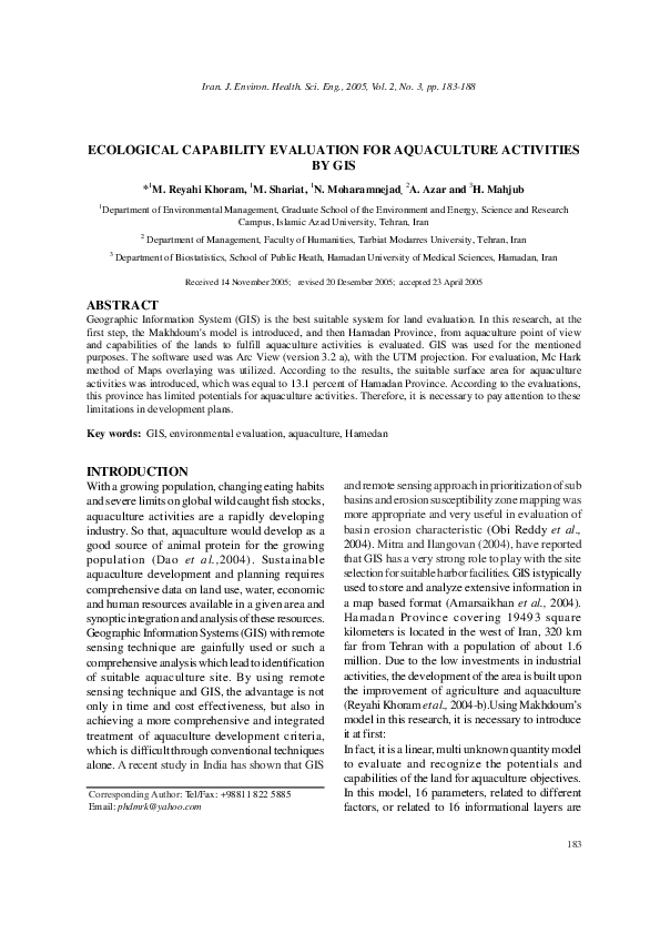 (PDF) Ecological Capability Evaluation for Aquaculture Activities by Gis