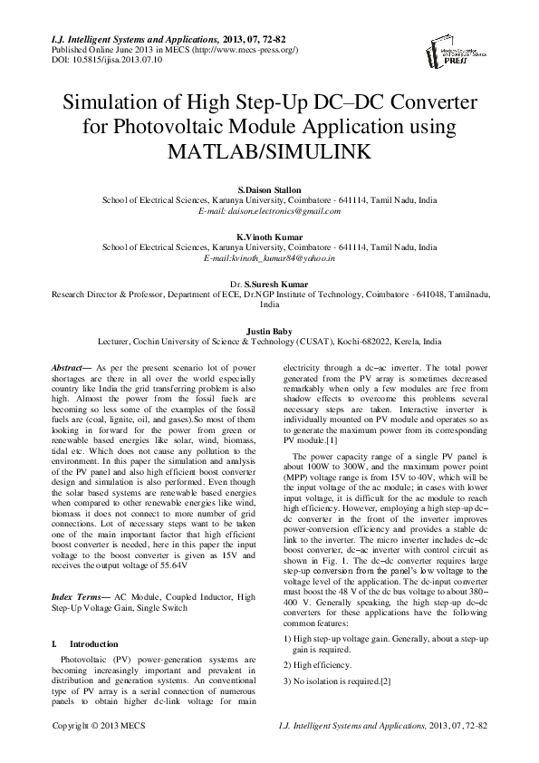Pdf Simulation Of High Step Up Dcdc Converter For Photovoltaic Module Application Using