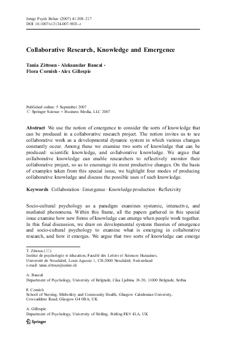 (PDF) Collaborative Research, Knowledge and Emergence