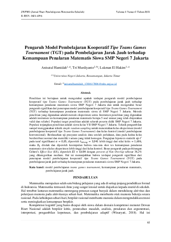 (PDF) Pengaruh Model Pembelajaran Kooperatif Tipe TGT Terhadap Hasil Belajar Siswa Pada Materi ...