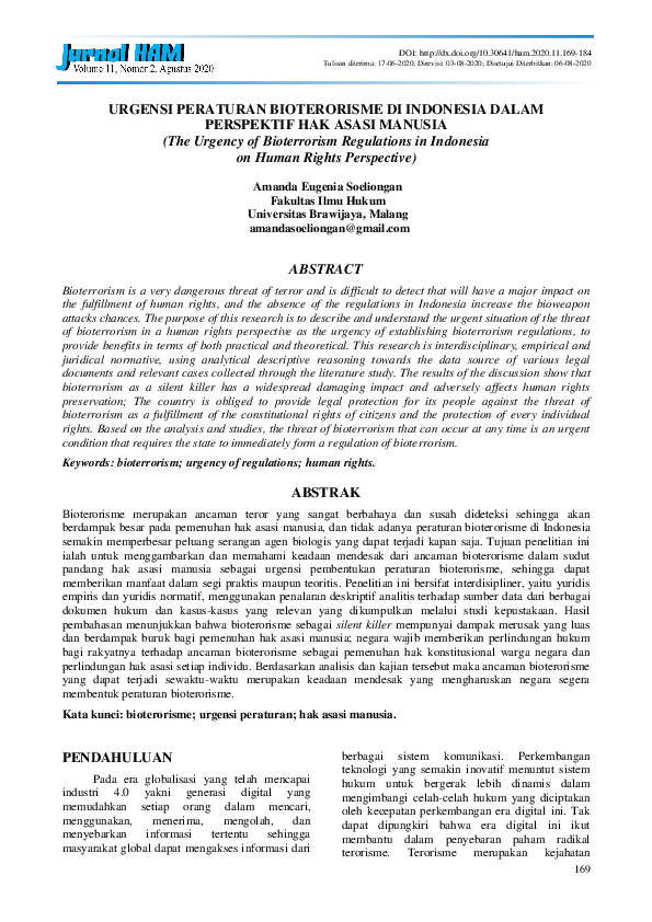 (PDF) Urgensi Peraturan Bioterorisme di Indonesia dalam Perspektif Hak ...