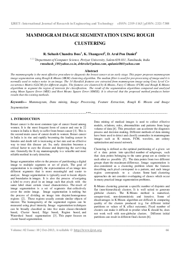 Pdf Mammogram Image Segmentation Using Rough Clustering