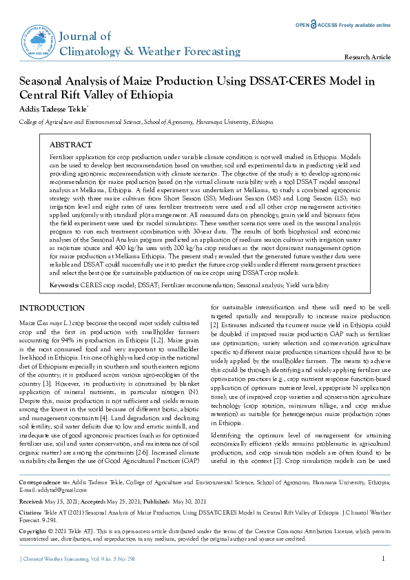 Pdf Seasonal Analysis Of Maize Production Using Dssat Ceres Model In Central Rift Valley Of