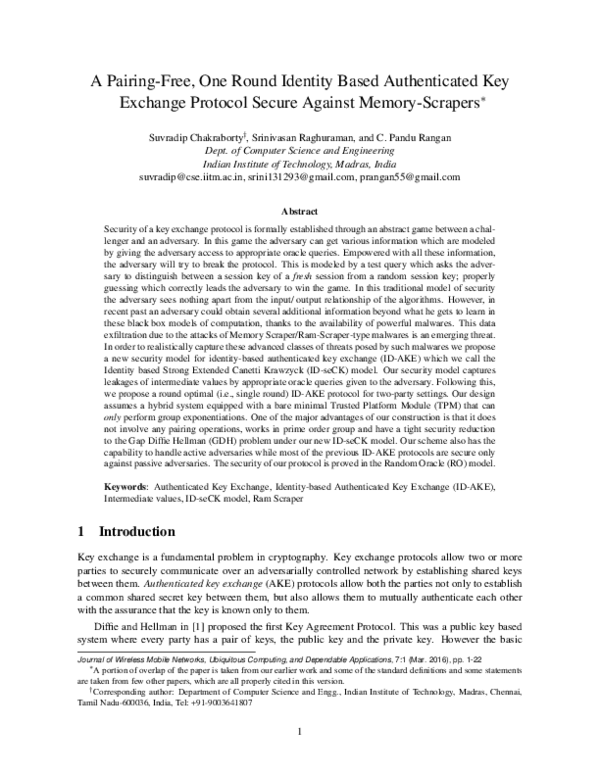(PDF) A Pairing-Free, One Round Identity Based Authenticated Key Exchange Protocol Secure ...