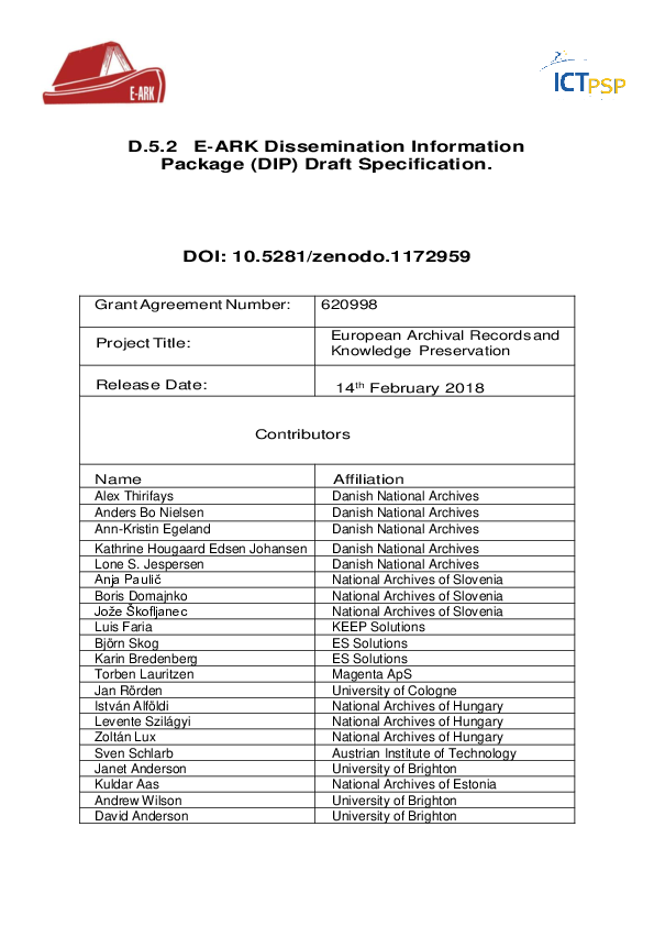 (PDF) E‐Ark Dissemination Information Package (Dip) Draft Specification