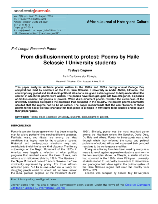 (PDF) From disillusionment to protest: Poems by Haile
