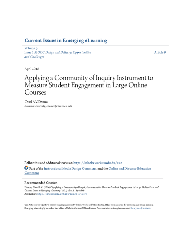 (PDF) Applying a Community of Inquiry Instrument to Measure Student ...