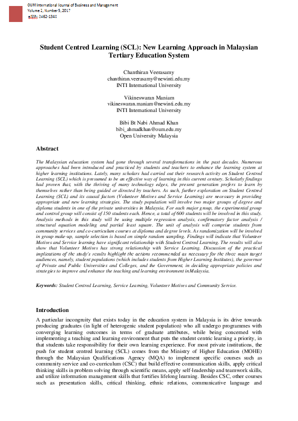 (PDF) Student Centred Learning ( SCL ) : New Learning Approach in Malaysian Tertiary Education ...