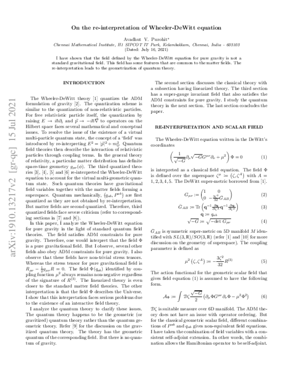 (PDF) On the re-interpretation of Wheeler-DeWitt equation