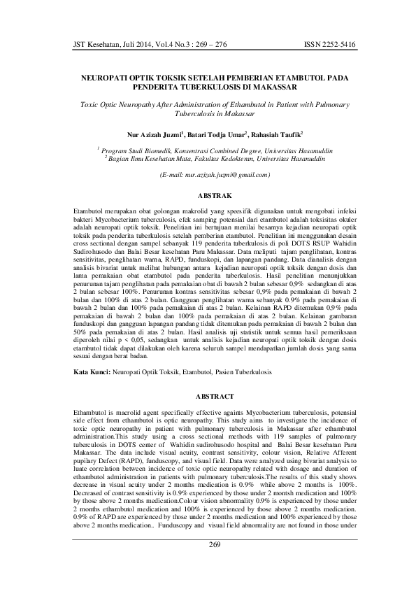 (PDF) NEUROPATI OPTIK TOKSIK SETELAH PEMBERIAN ETAMBUTOL PADA PENDERITA ...