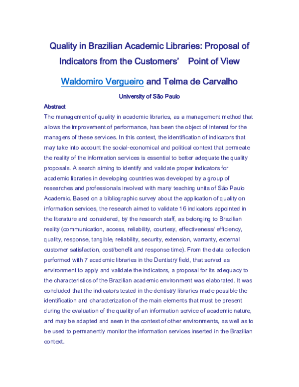 (PDF) Quality in Brazilian Academic Libraries: Proposal of Indicators ...