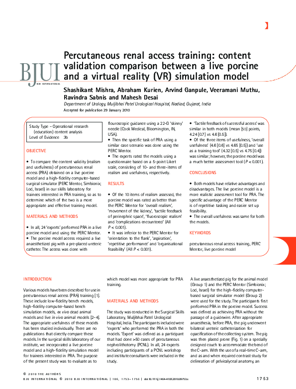 (PDF) Percutaneous renal access training: content validation comparison between a live porcine ...