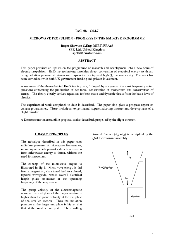 (PDF) Iac- 08 – C4.4.7 Microwave Propulsion – Progress in the Emdrive ...