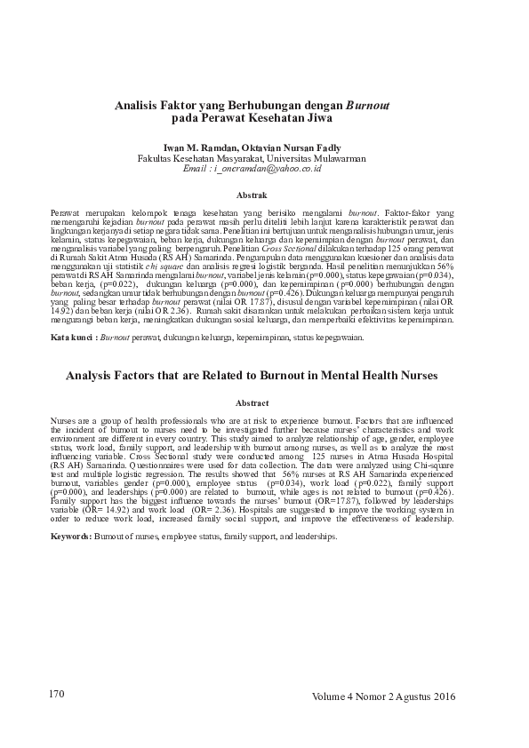 (PDF) Analisis Faktor yang Berhubungan dengan Burnout pada Perawat Kesehatan Jiwa