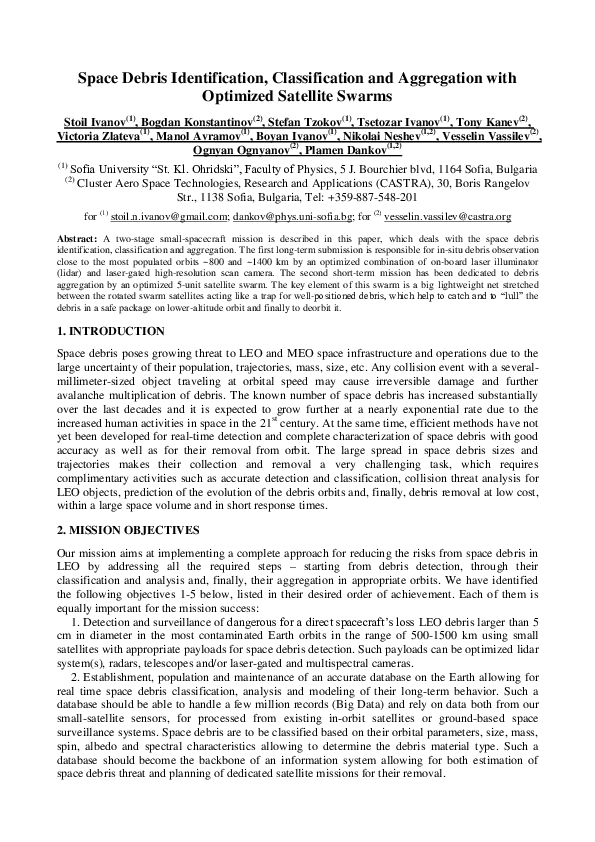 (PDF) Space Debris Identification, Classification and Aggregation with Optimized Satellite Swarms